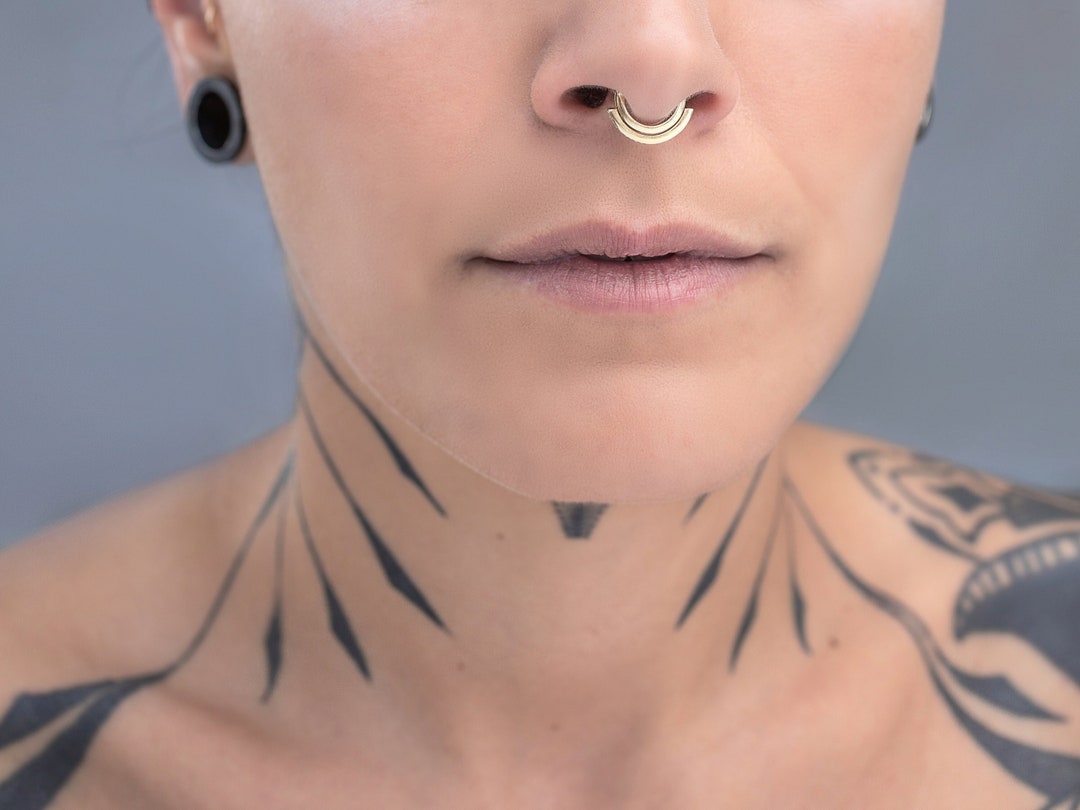 Stacked Double Hoop 14k Gold Septum Ring, Solid Gold Septum Clicker ...