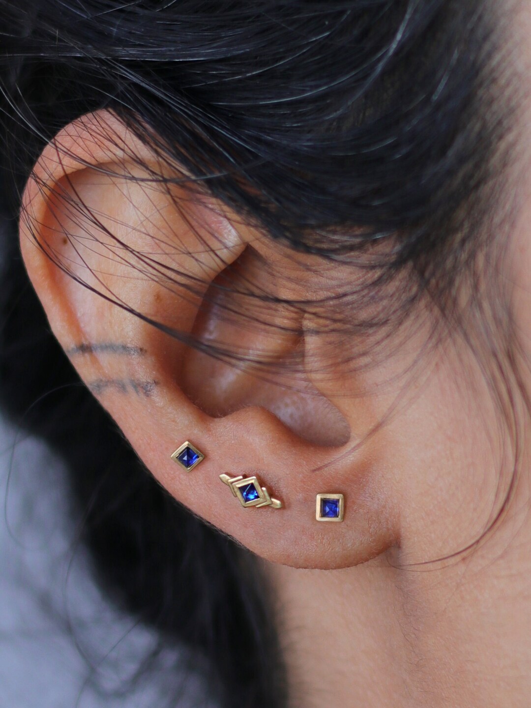 Blue Sapphire 14k Gold Stud Labret Earrings, Square Sapphire Gold Nose ...