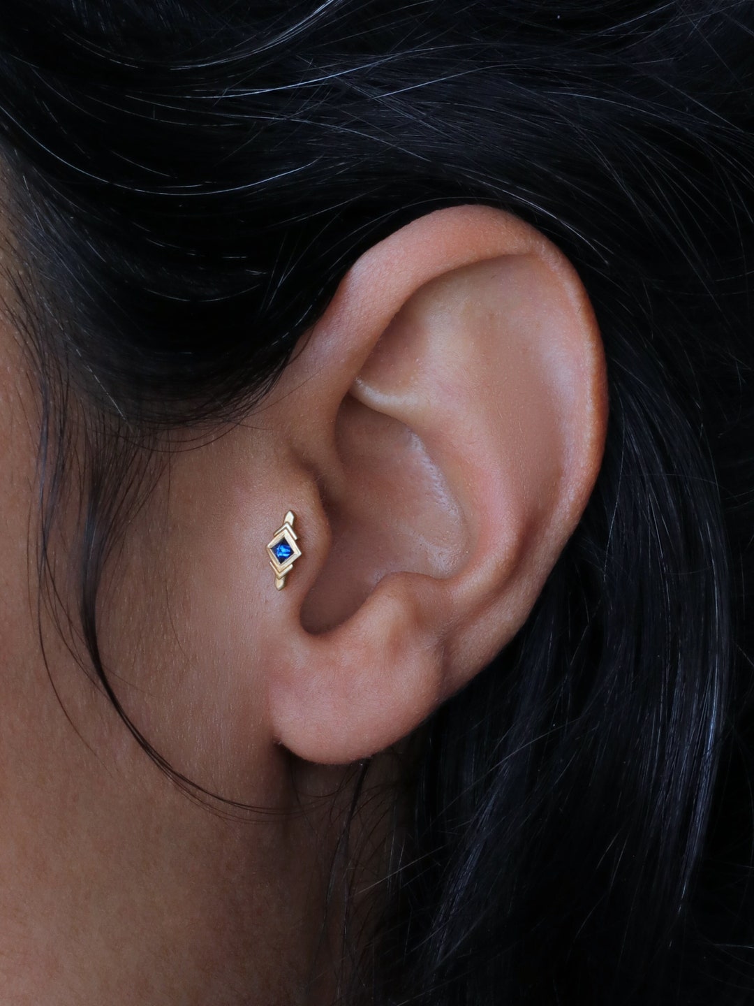 14k Gold Tragus Earrings, Blue Sapphire Ear Studs, Flat Back Push Pin ...
