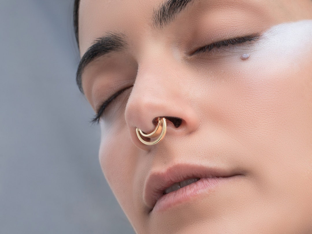 Stacked Double Septum Ring, Dangle Wide 14k Clicker Earring Statement ...