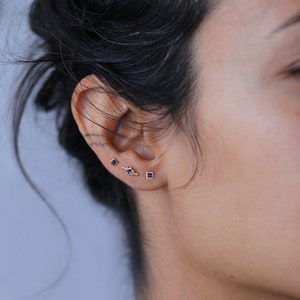 14k Gold Tragus Earrings, Blue Sapphire Ear Studs, Flat Back Push Pin ...