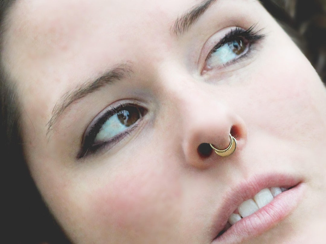 18g Solid Gold Crescent Moon Hoop Septum Jewelry, Hippie Tribal 14k ...