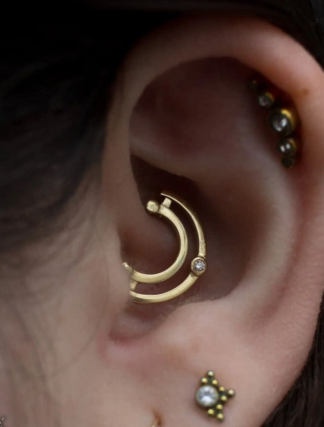 14k Gold Daith Earring, Double Daith Hoop, Diamond Piercing, Geometric ...