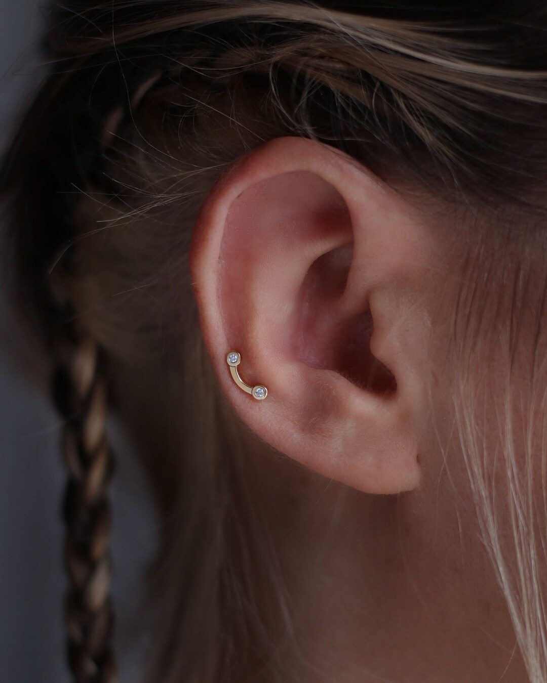 14k Gold Diamond Mid Helix Piercing Stud, Solid Gold Cartilage Earrings ...