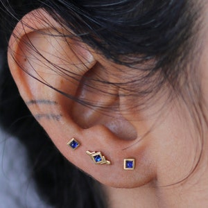 14k Gold Tragus Earrings, Blue Sapphire Ear Studs, Flat Back Push Pin ...