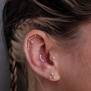 14k Gold Diamond Mid Helix Piercing Stud, Solid Gold Cartilage Earrings ...