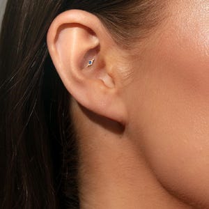 14k Gold Tragus Earrings, Blue Sapphire Ear Studs, Flat Back Push Pin ...