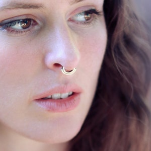 14k Solid Gold Septum Clicker, 8mm Stacked Double Hoop Gold Septum Ring ...