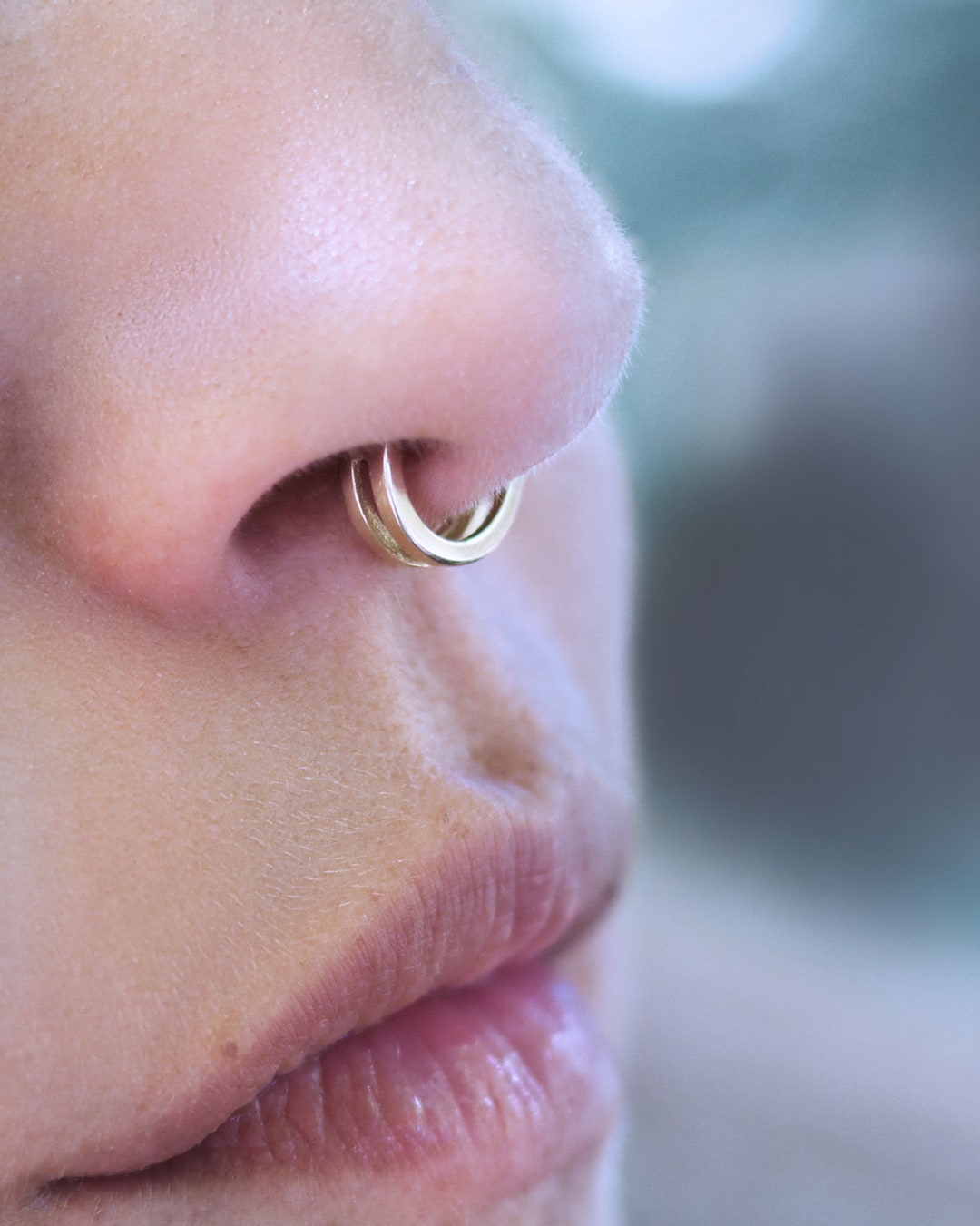Double Bar Septum Ring, 14k Gold Septum Clicker, Unique Septum Piercing ...
