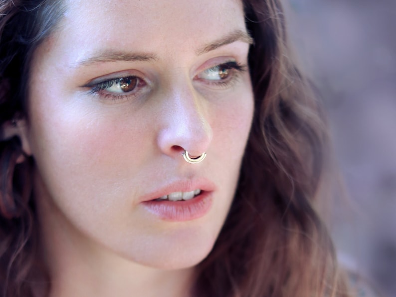 Stacked Double Hoop 14k Gold Septum Ring, Solid Gold Septum Clicker ...