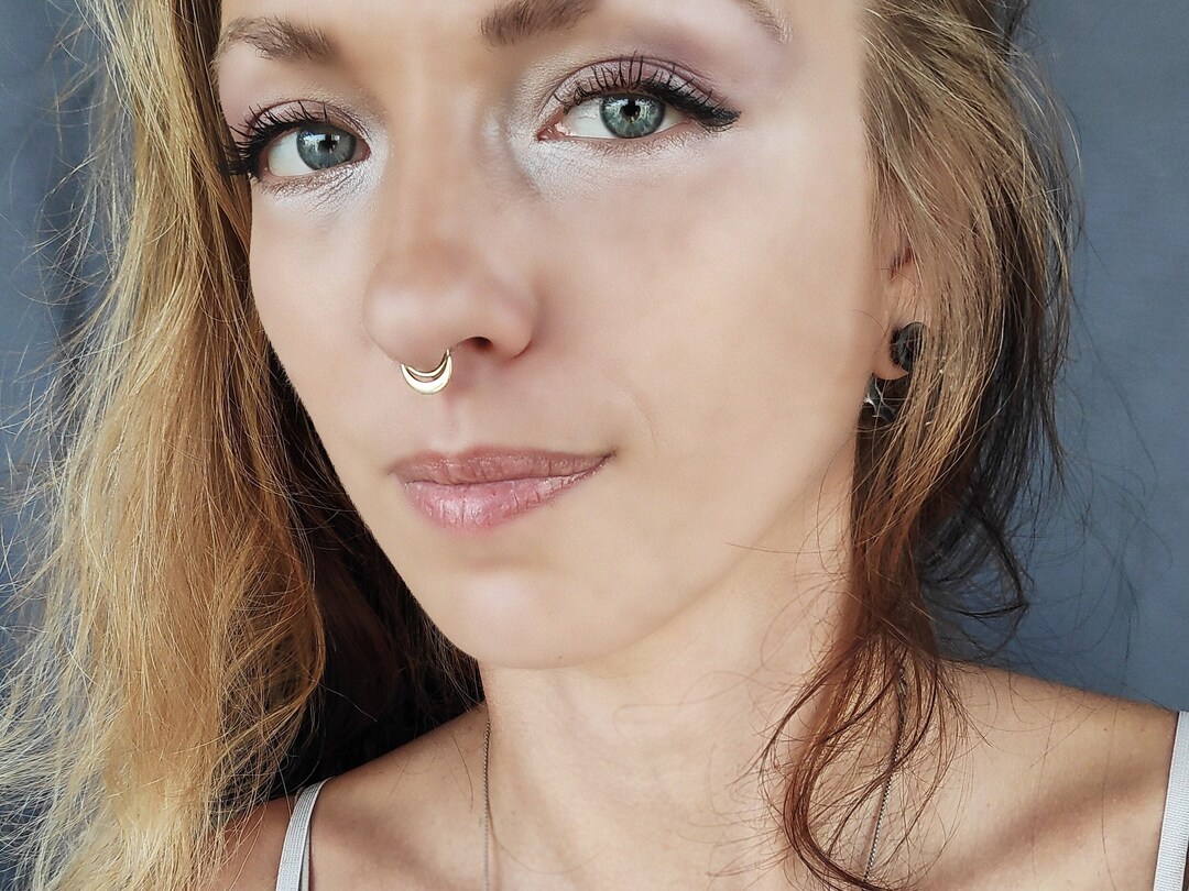 Moon Septum Ring, 14k Solid Gold Septum Ring, Septum Jewelry, Septum Piercing, Dainty Septum ...