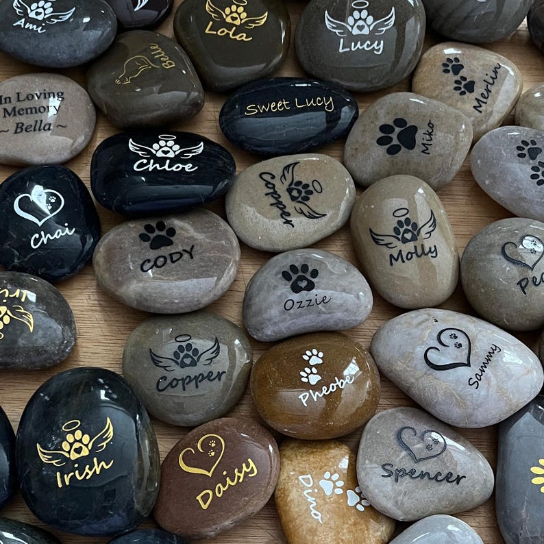 Pet Memorial Engraved River Rock Word Stones - Stock Dog Cat Names and ...