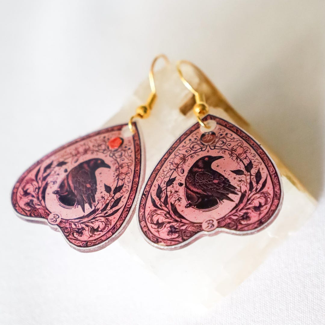 Pink Gothic Raven Ouija Board Planchette Dangle Earrings Gothic Vintage ...