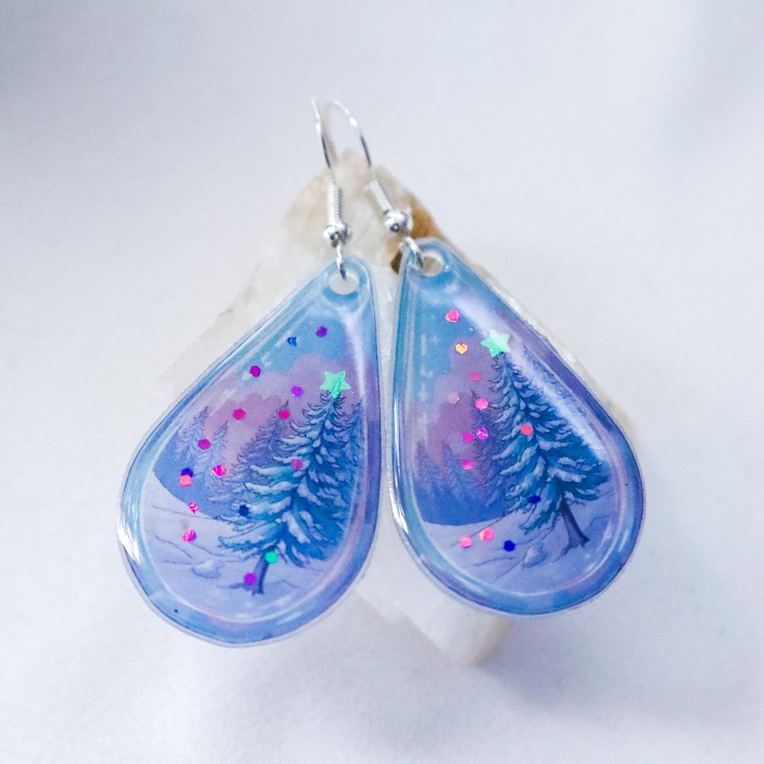 Christmas Tree Glitter Snow Earrings Holiday Lights Unique Piercings ...