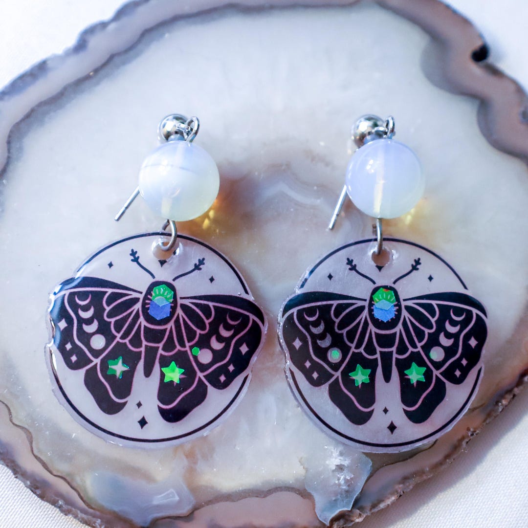Opal Lunar Moth Dangle Earrings: Festival Rave Wear Unique Jewelry Gift ...