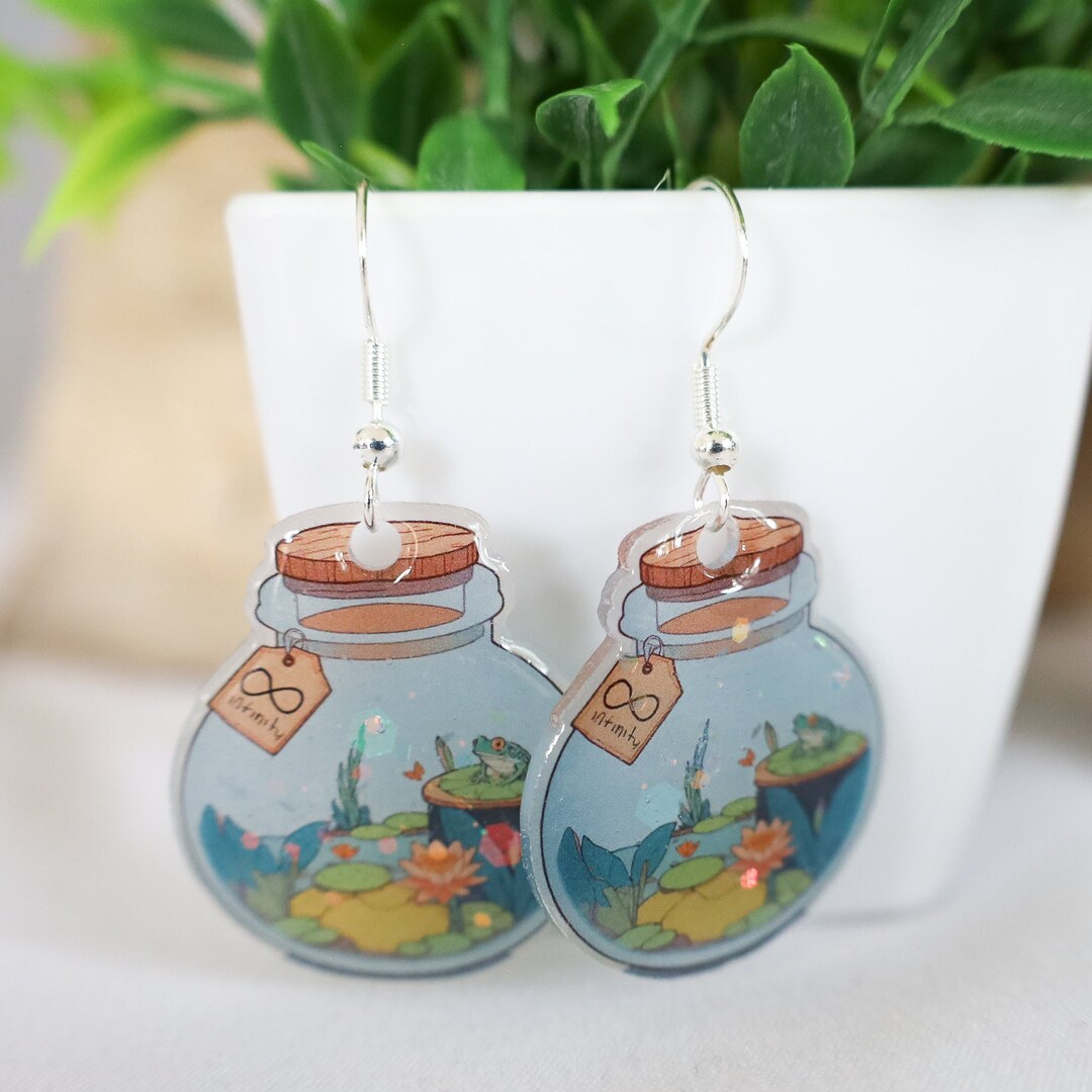 Cute Kawaii Infinity Frog Terrarium Earrings Glitter Resin Inlay ...