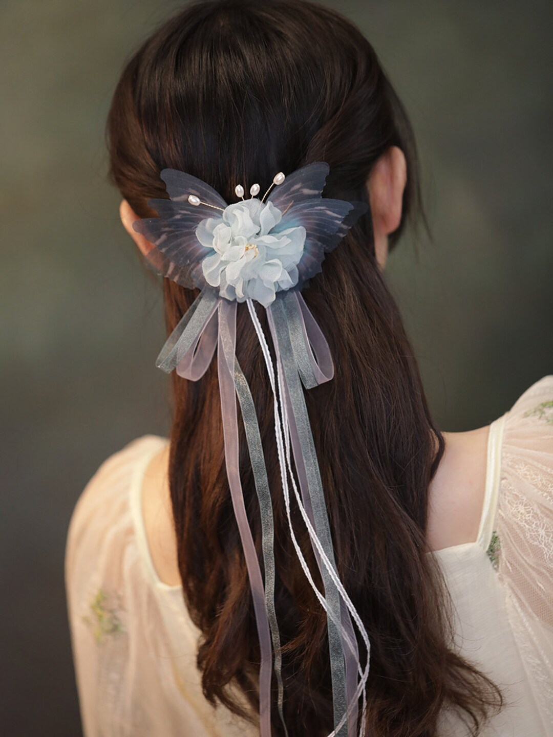 Vintage Blue Flower Butterfly Hair Clip Long Ribbon Cheongsam Hair Clip ...