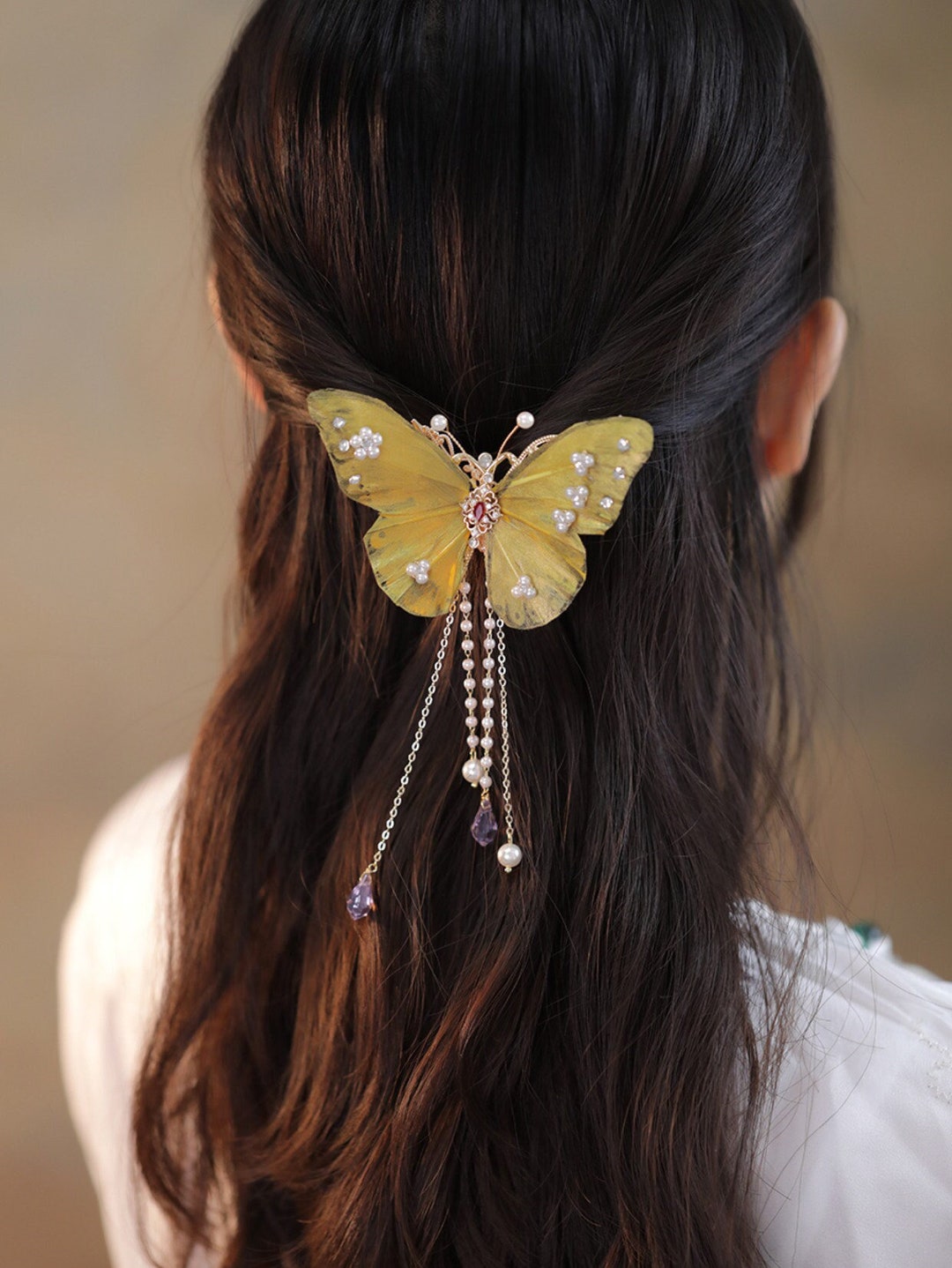 Vintage Yellow Butterfly Hair Clip Butterfly With Tassels Hair Clip ...