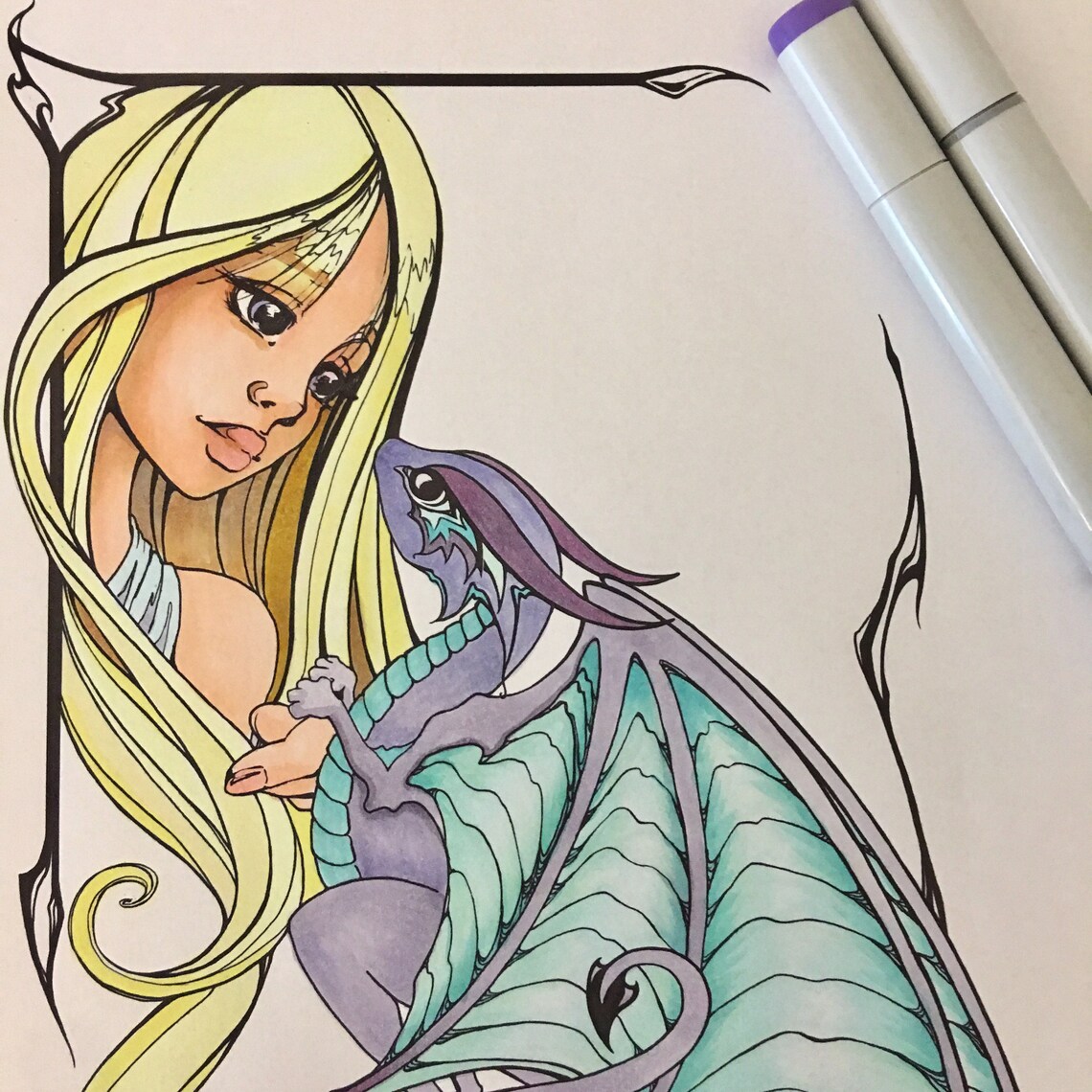 Girl and Dragon Coloring Page | Etsy