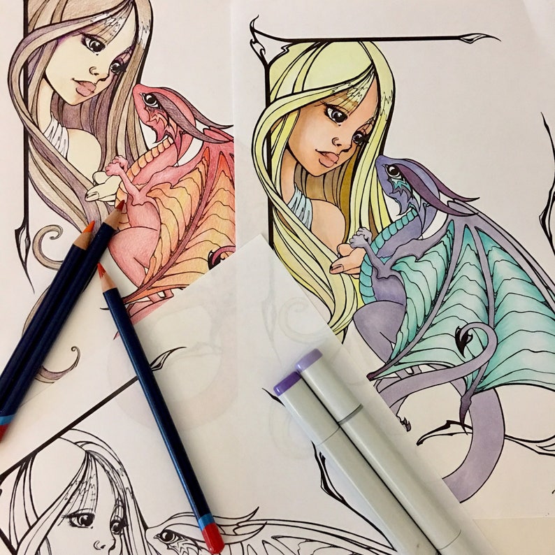 Girl and Dragon Coloring Page | Etsy