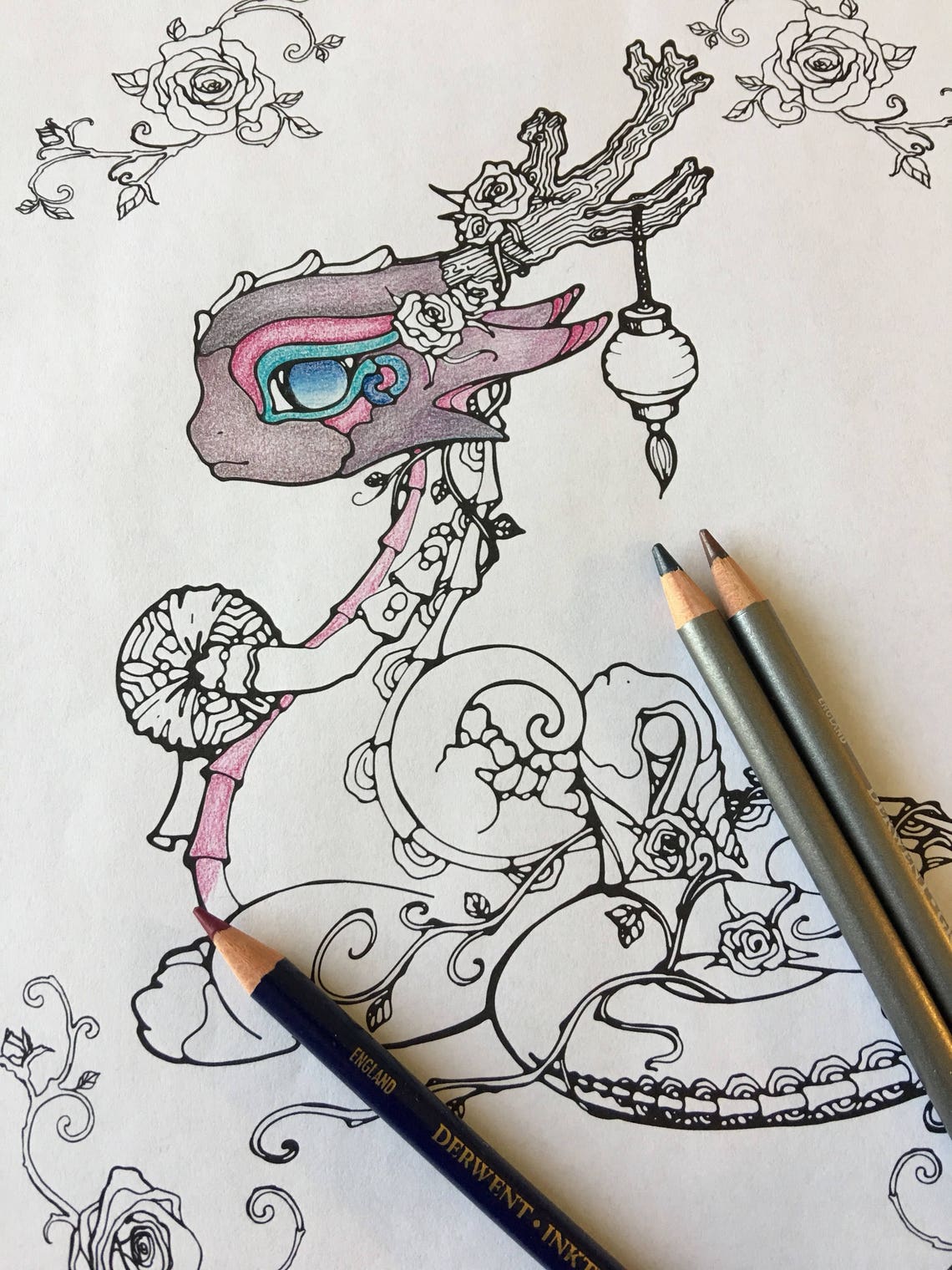 Rose Dragons Coloring Page - Etsy