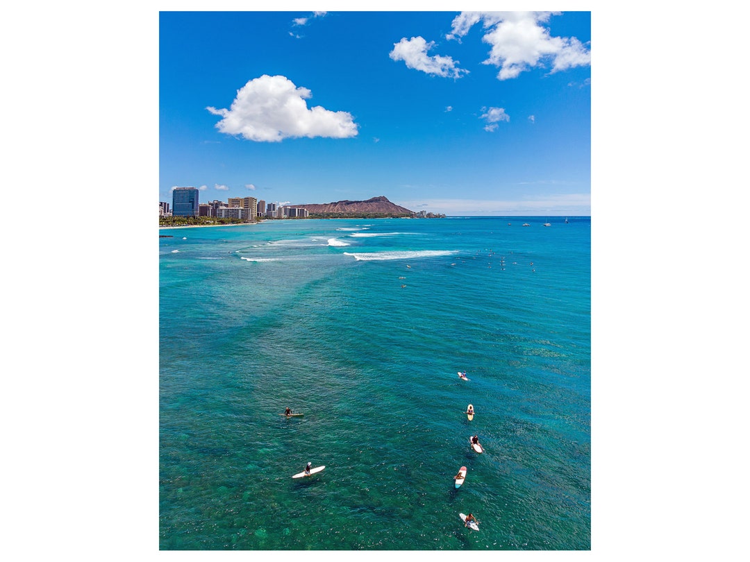 Surfers Floating on Surfboards in Waikiki Beach With Diamond Head ...