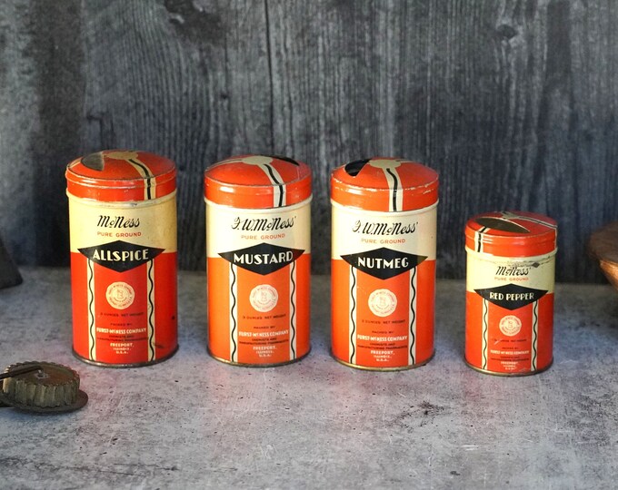 Vintage 1930s Mcness Spice Tins, 3 Oz. Nutmeg, Allspice, Mustard, 1 1/4 ...