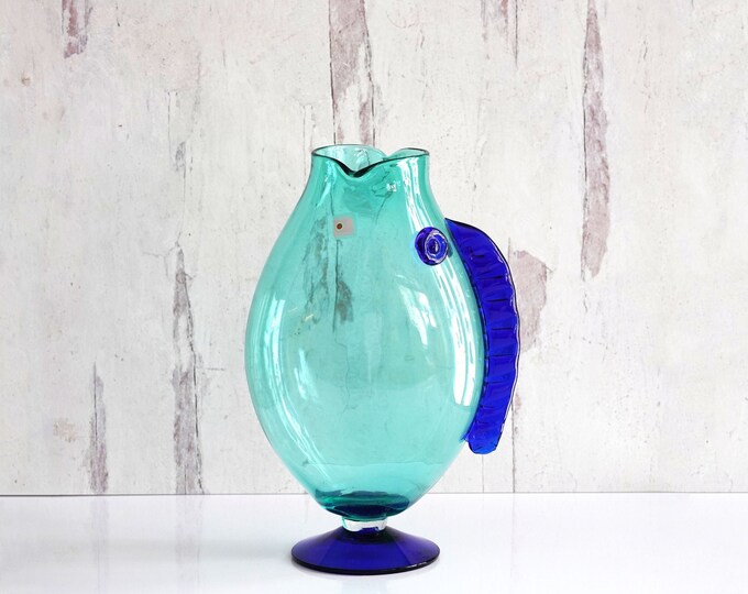 Vintage 1988 - 1994 Blenko Glass Fish Vase, Green & Cobalt Blue ...