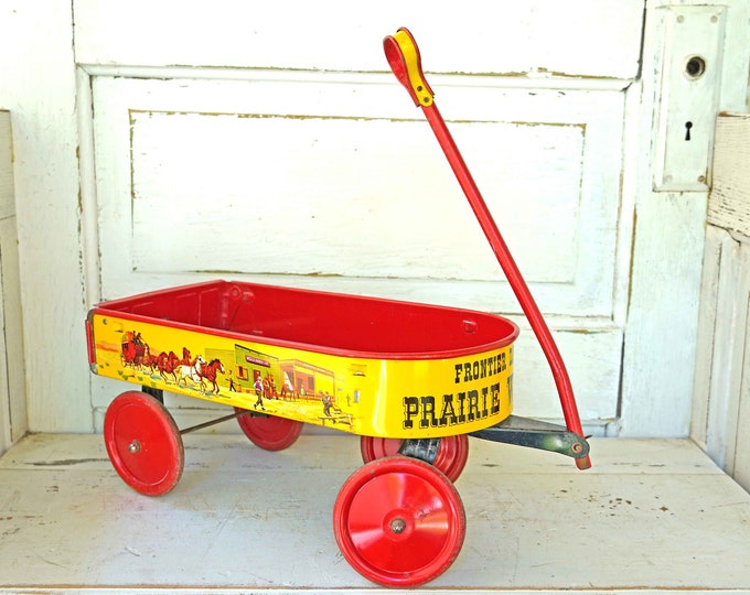 Vintage 1950s Tin Litho Frontier Days Prairie Wagon, Red & Yellow ...