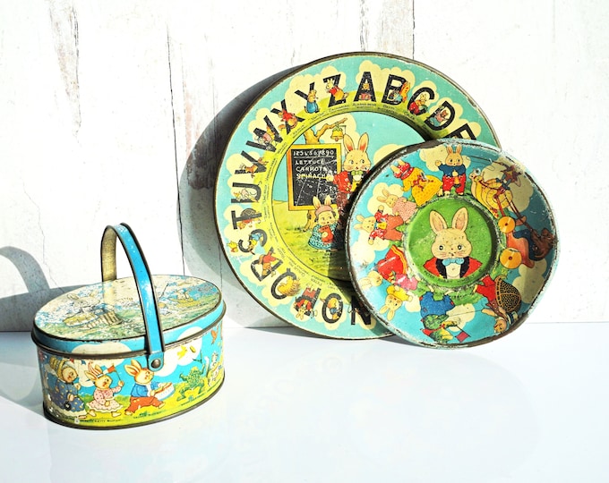 Antique Tindeco Tin Litho Peter Rabbit Himself Alphabet Plate 7 3/4 ...