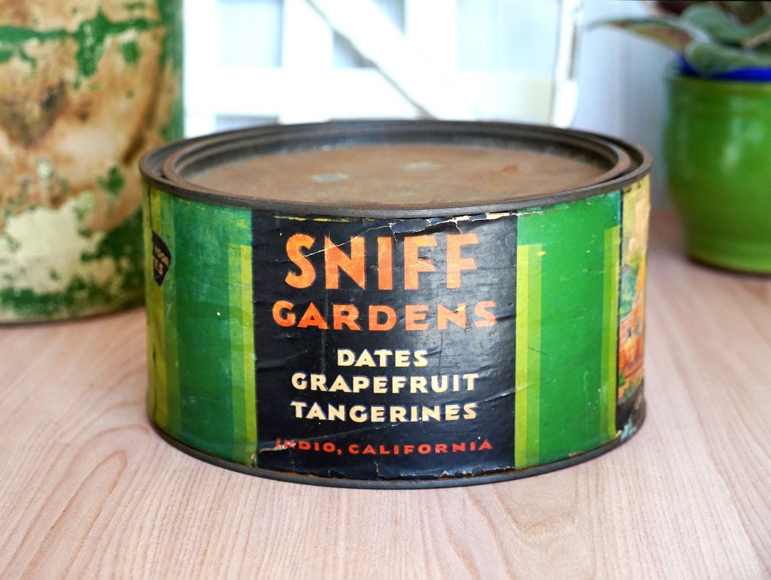 Vintage 1950s Sniff's Garden Tin, Grapefruit Figs Tangerines, Indio, CA ...