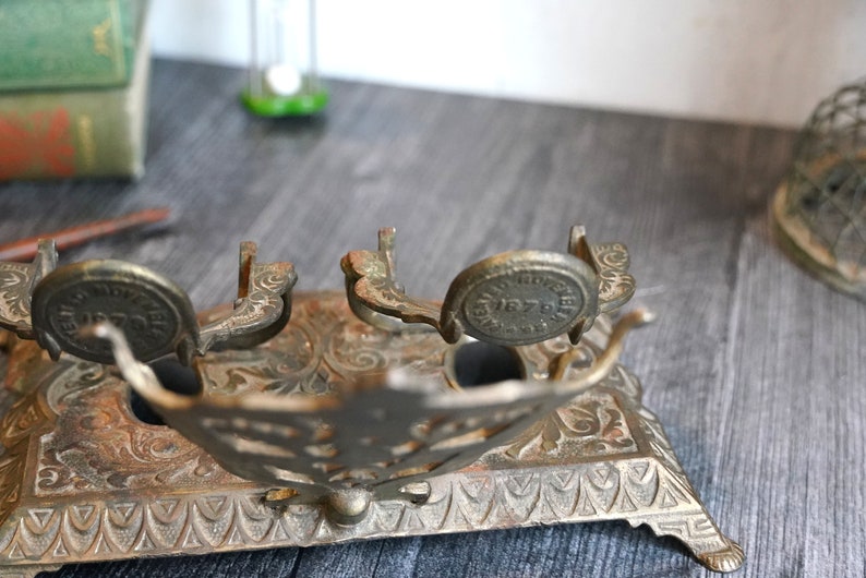 Antique Victorian Cast Iron Ink Stand, Ornate Leaf & Crown Scrollwork ...