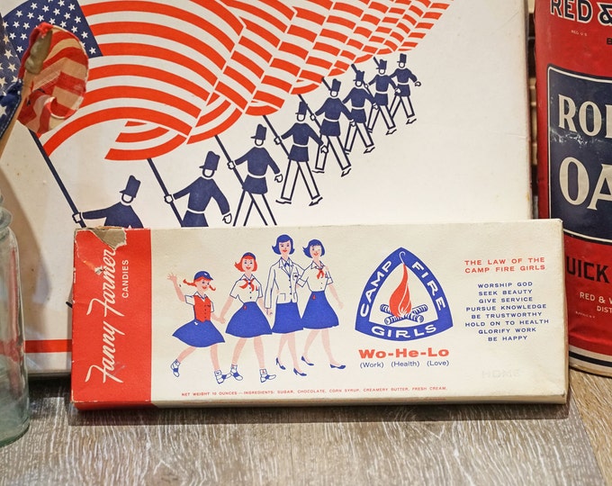 Vintage 1950s Fanny Farmer Camp Fire Girls Candy Box, Girl's Law ...