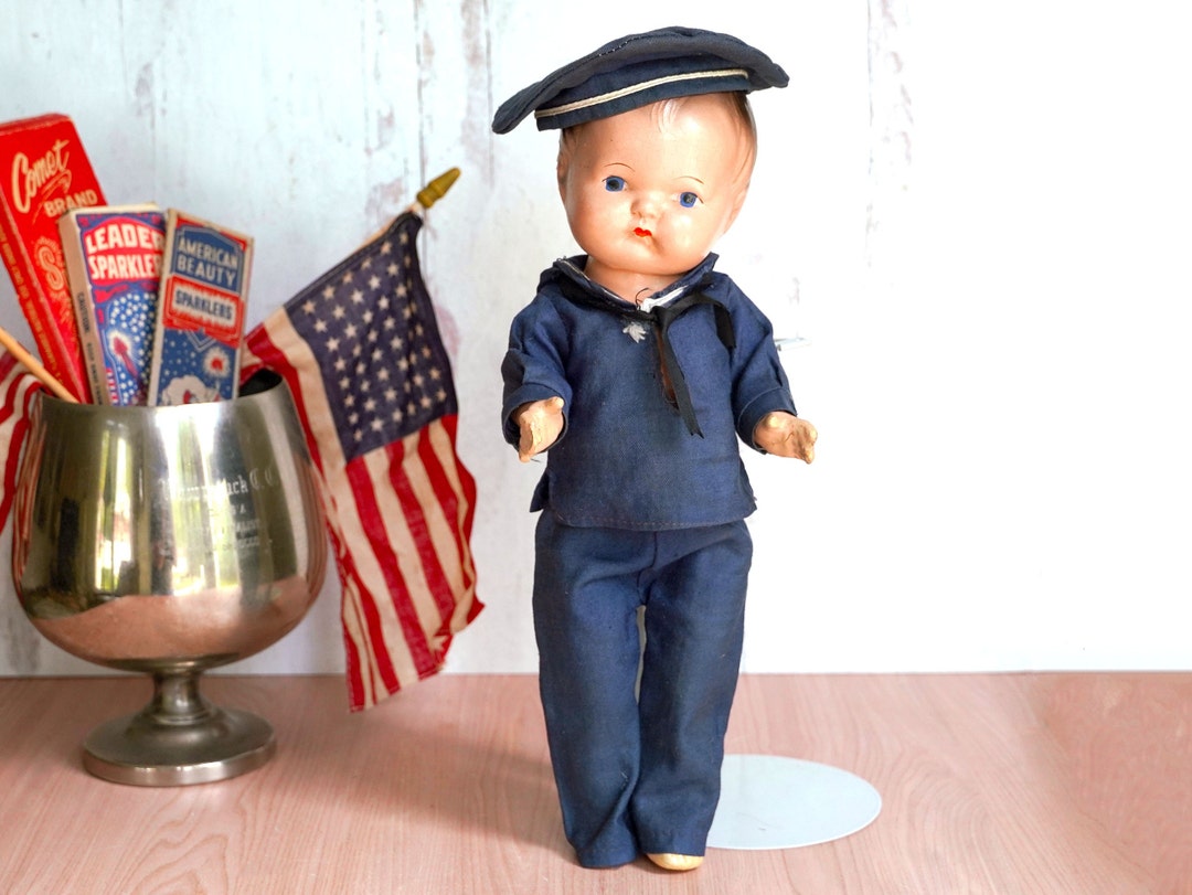 Antique WWI Era Composition Doll, 13, Hand-sewn US Navy Uniform ...