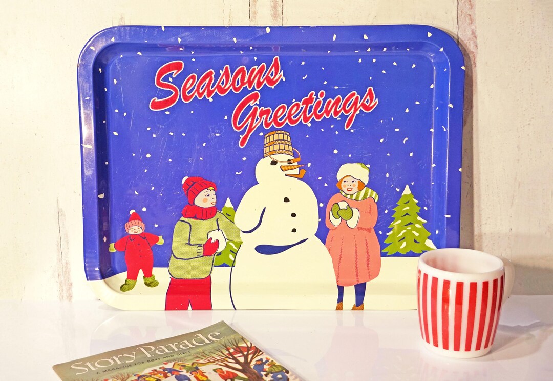 Vintage Tin Litho Lap Tray or Decorative Holiday Tray, Season's ...