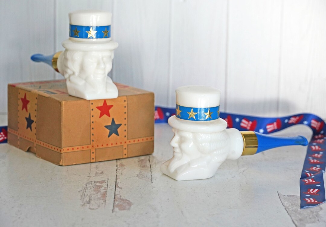 Vintage Milk Glass Uncle Sam Avon Bottle Pipes, Blue Plastic Pipe & Hatband W/stars, EMPTY ...