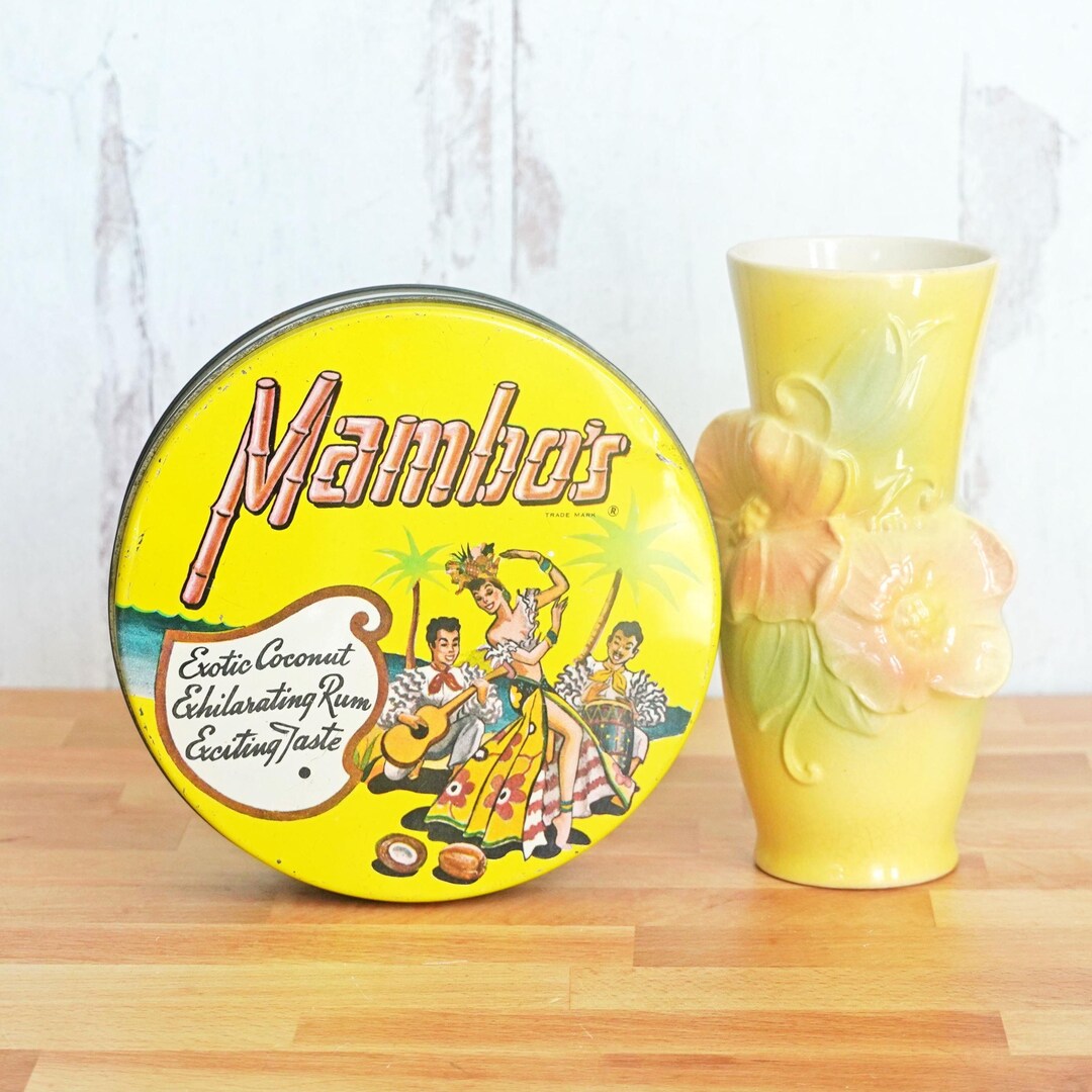 Vintage Mambo's Exotic Coconut and Rum Candies Tin, Yellow and Gray ...