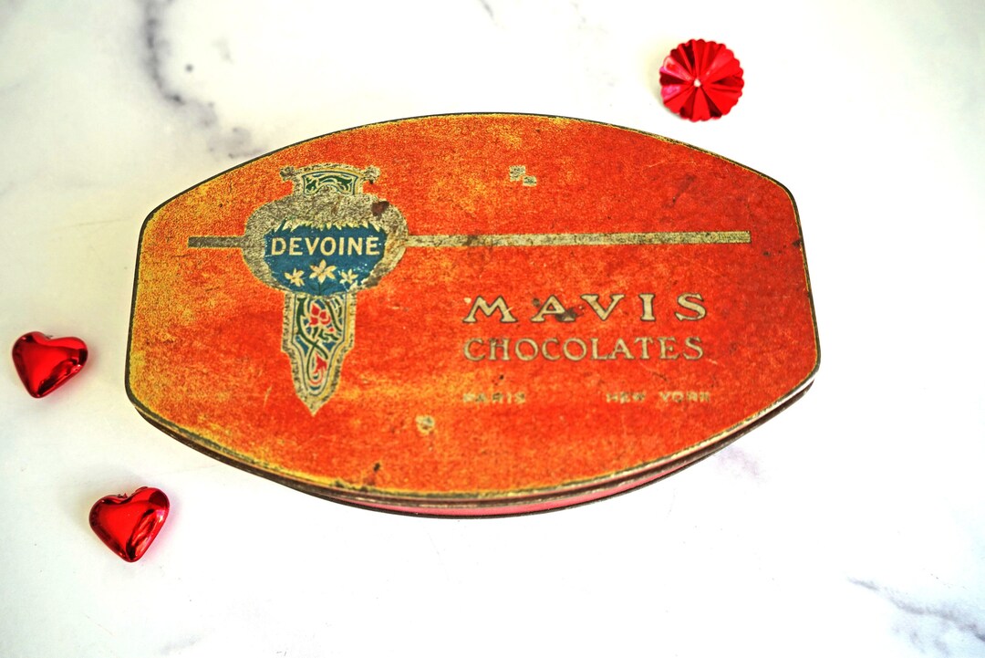 Antique Devoine Mavis Chocolates Tin, Oblong Red, Blue, Gold, Art Deco ...