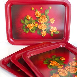 Vintage Dark Red Metal Lap Trays, With Peachy Yellow Roses, Set of 4 ...