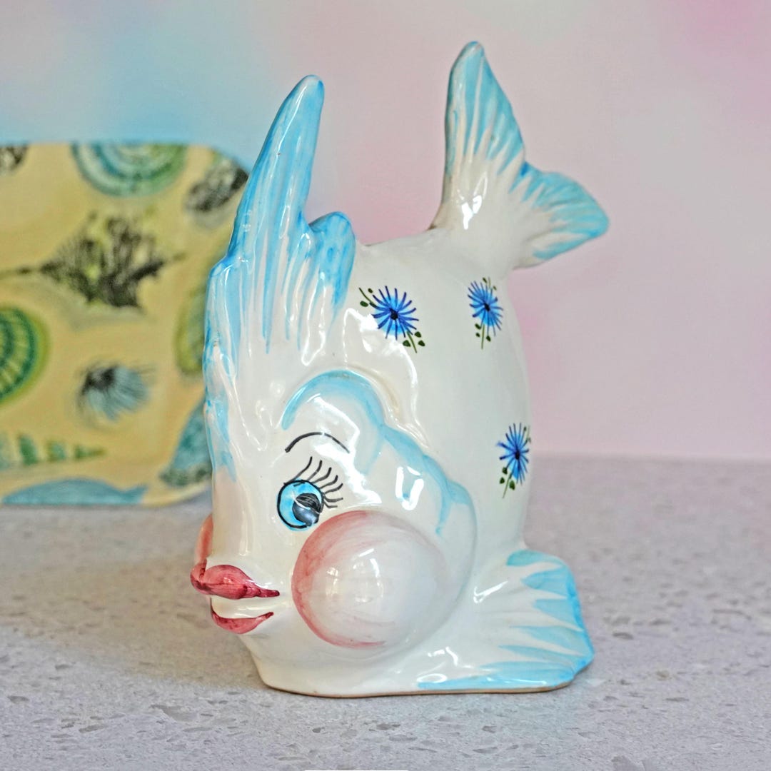 Vintage Glazed Ceramic, Hand- Painted Kitsch Angel Fish, Sky Blue ...