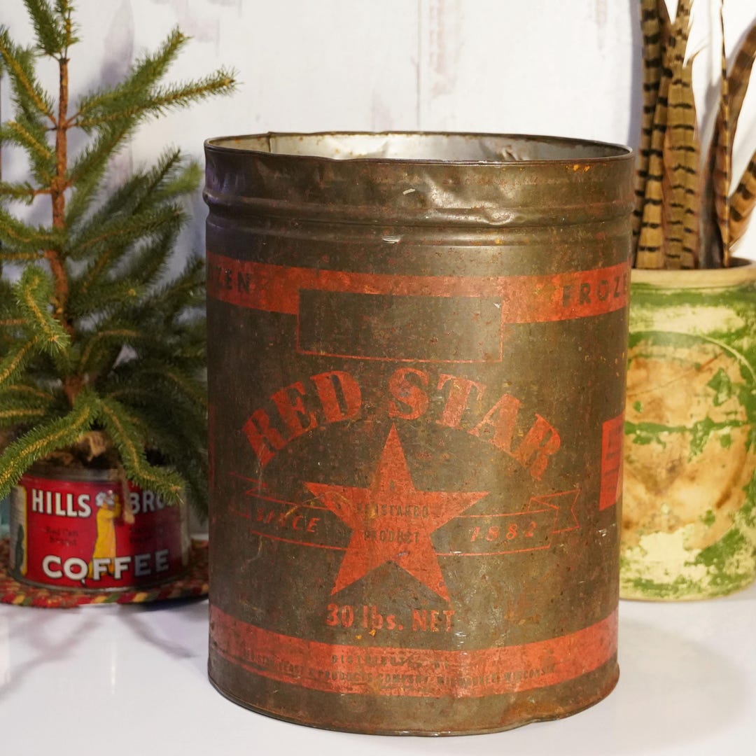 Antique Rare Red Star Yeast Pail, 30 Lbs, Black, Red Paint, No Lid ...