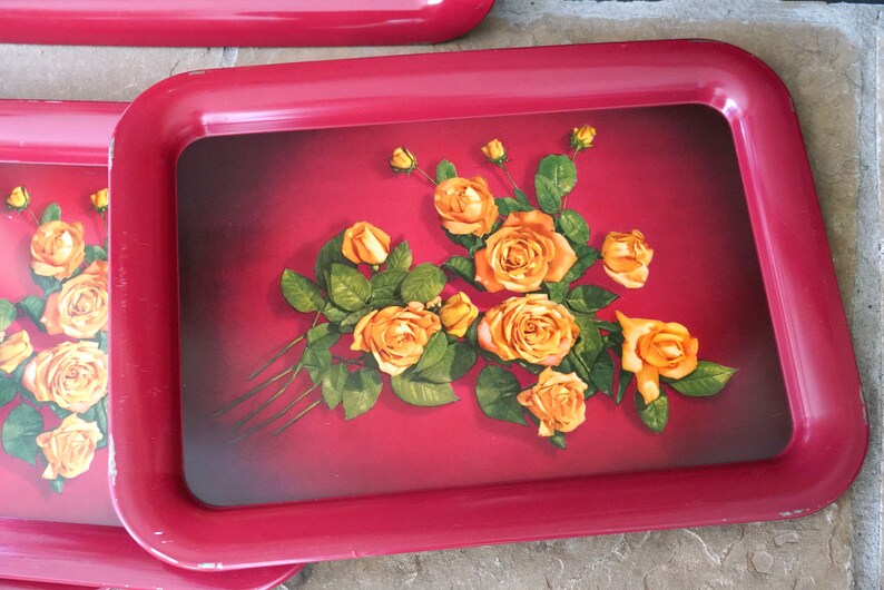 Vintage Dark Red Metal Lap Trays With Peachy Yellow Roses - Etsy