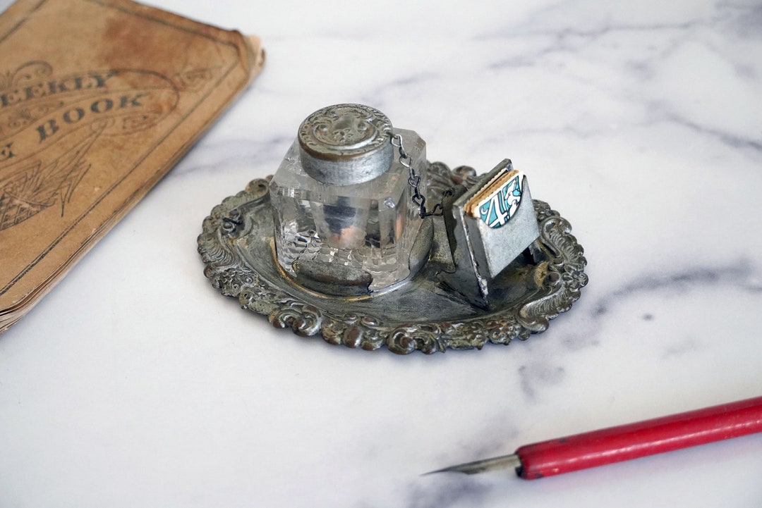 Vintage Square Glass Ink Well With Silver-plate Repousse Cap on Chain ...
