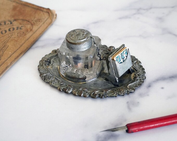 Vintage Square Glass Ink Well With Silver-plate Repousse Cap on Chain ...