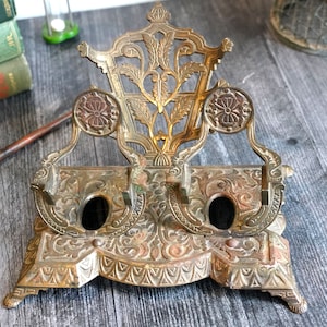 Antique Victorian Cast Iron Ink Stand, Ornate Leaf & Crown Scrollwork ...