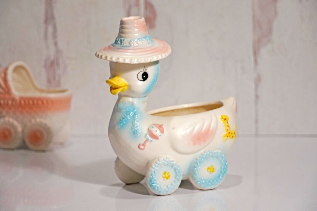 Vintage Napco Pottery Anthropomorphic Duck Baby Carriage Planter, Daisy ...