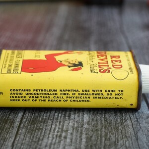 Vintage 1950s Red Devil's Lighter Fluid Can, 4 Fl Oz Tin, Yellow & Red Devil Artwork, Dome ...