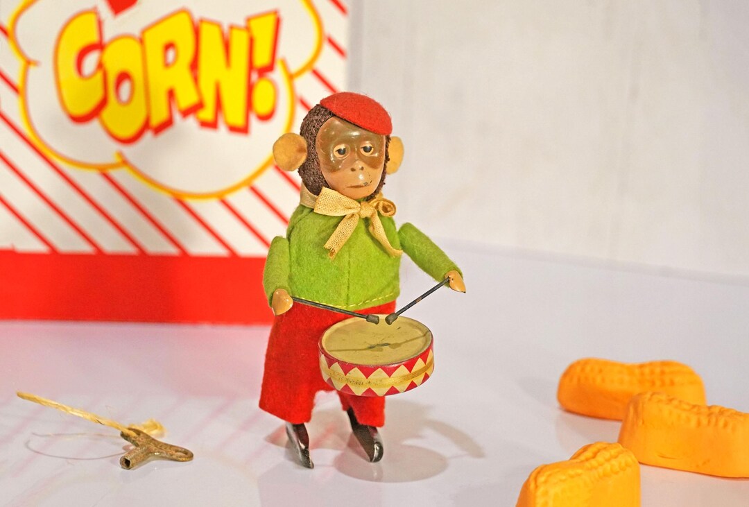 Vintage 1930s Schuco Wind up Toy Monkey Playing Drums, Germany, Marked ...