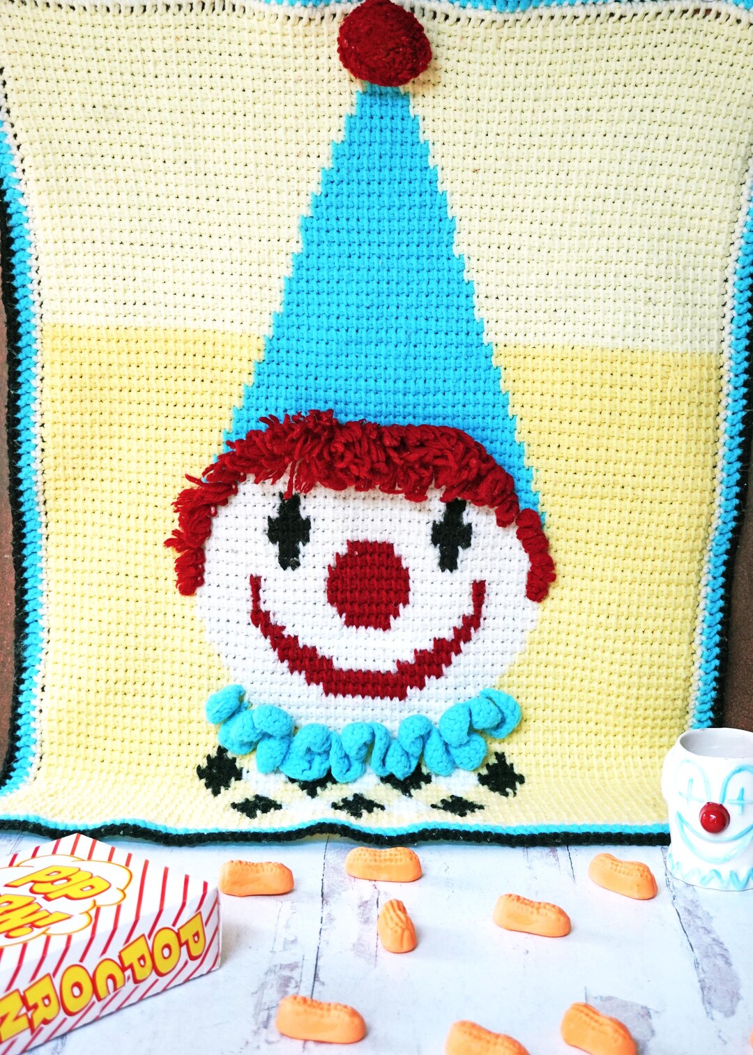 Vintage Hand Knit Crochet Clown Baby Blanket, Throw, Wall-hanging ...