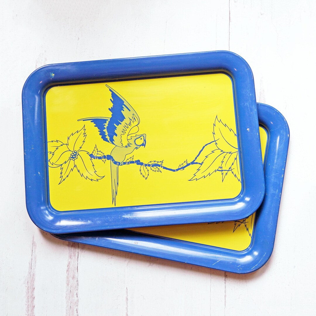 Vintage Mid Century Metal Litho Lap Tray, Set of 2 Blue and Yellow ...